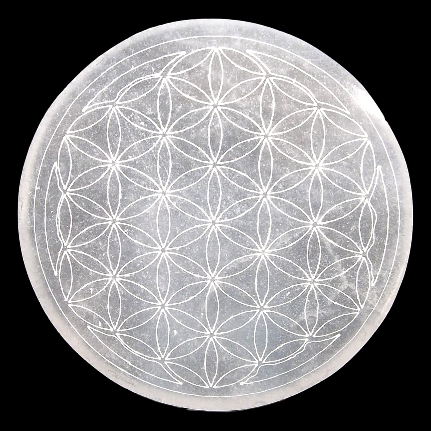 Flower of Life Selenite Charging Disc – Cleanse Crystals with Sacred Geometry | GeoFossils